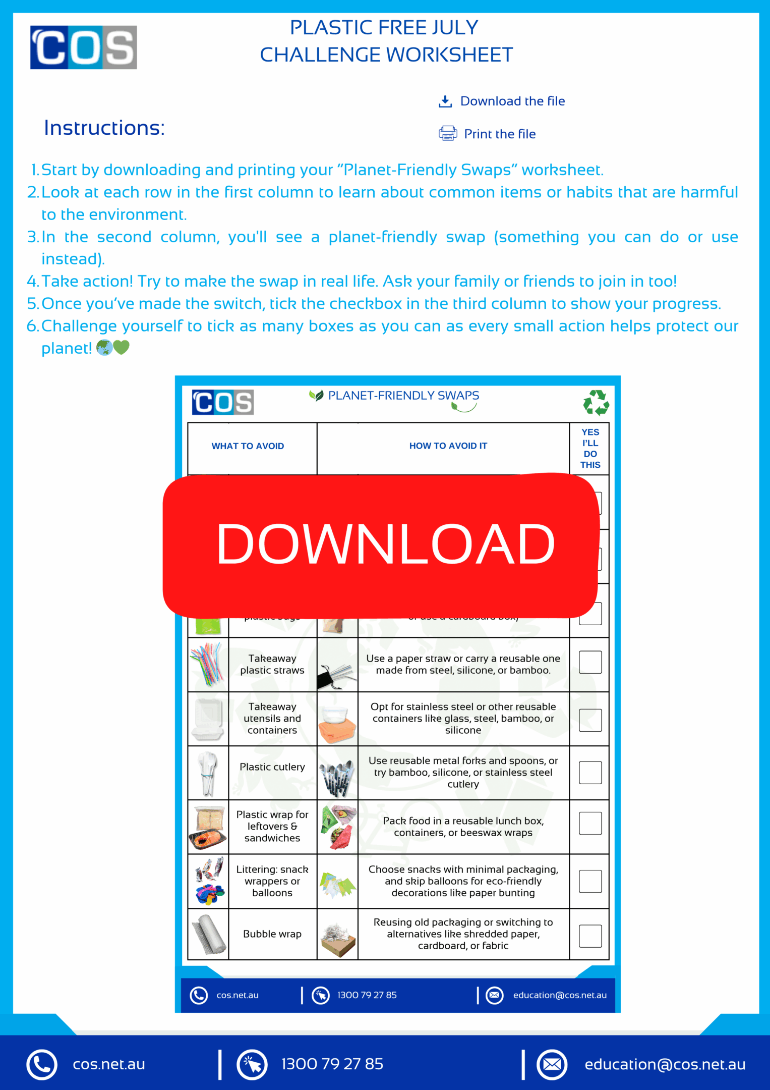 Plastic Free July - Educational Worksheet for Kids