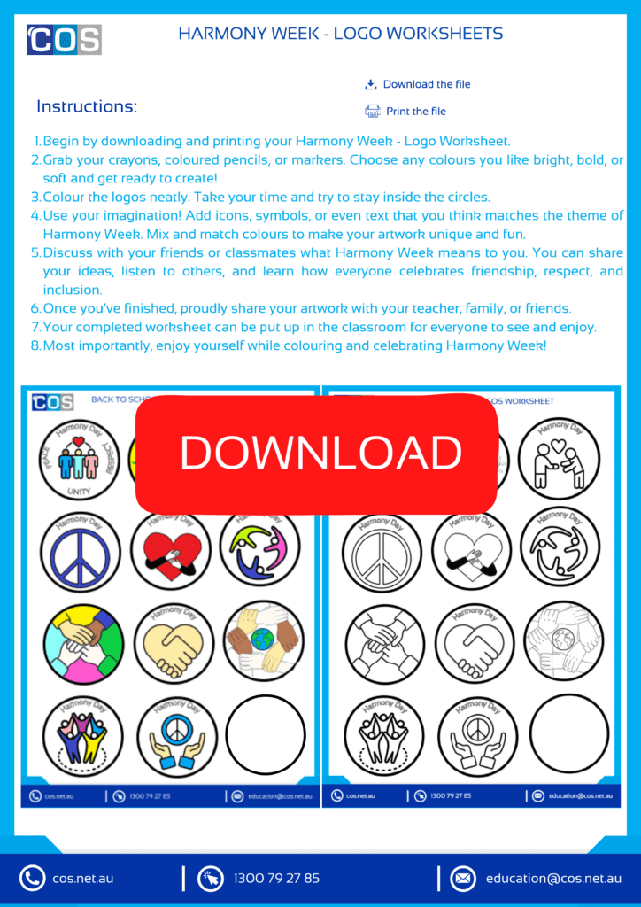 Printable Worksheets to Celebrate Harmony Week